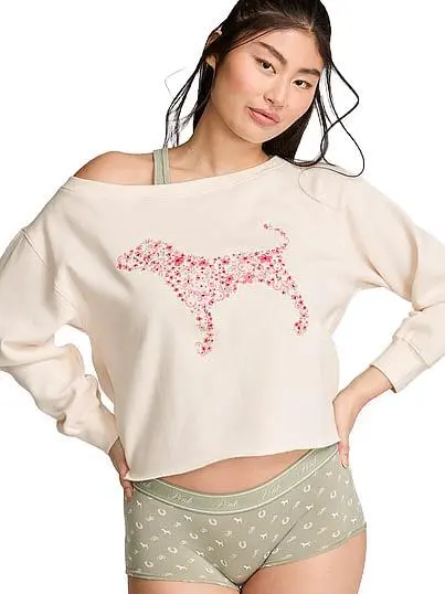 Pink Campus Fleece Rib Off-the-shoulder Sweatshirt - Beige