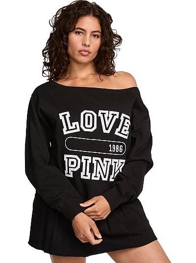 Pink Campus Fleece Rib Off-the-shoulder Sweatshirt - Black