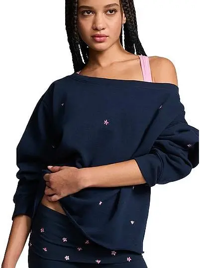 Pink Campus Fleece Rib Off-the-shoulder Sweatshirt - Blue
