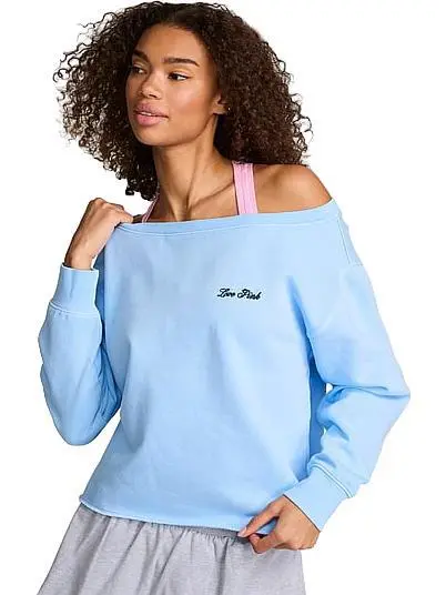 Pink Campus Fleece Rib Off-the-shoulder Sweatshirt - Blue