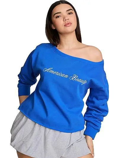 Pink Campus Fleece Rib Off-the-shoulder Sweatshirt - Blue