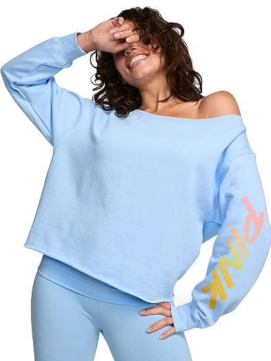 Pink Campus Fleece Rib Off-the-shoulder Sweatshirt - Blue