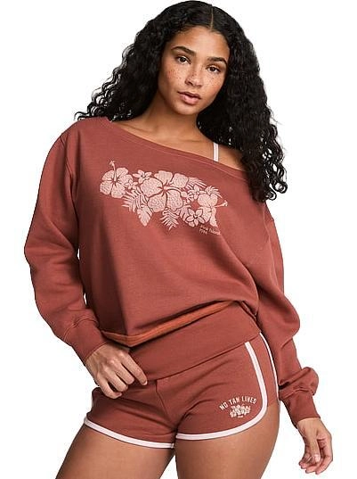 Pink Campus Fleece Rib Off-the-shoulder Sweatshirt - Brown