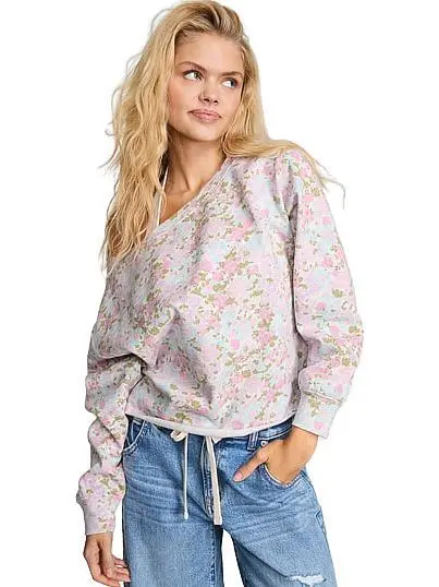 Pink Campus Fleece Rib Off-the-shoulder Sweatshirt - Floral