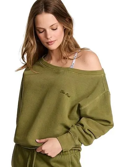 Pink Campus Fleece Rib Off-the-shoulder Sweatshirt - Green