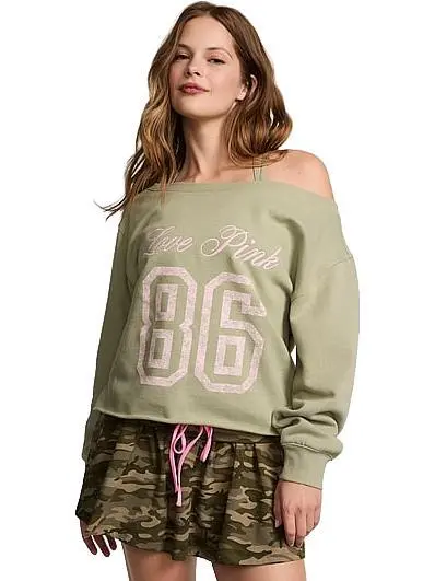 Pink Campus Fleece Rib Off-the-shoulder Sweatshirt - Green