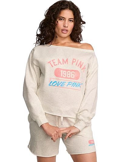 Pink Campus Fleece Rib Off-the-shoulder Sweatshirt - Grey