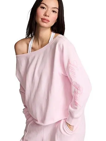 Pink Campus Fleece Rib Off-the-shoulder Sweatshirt - Pink