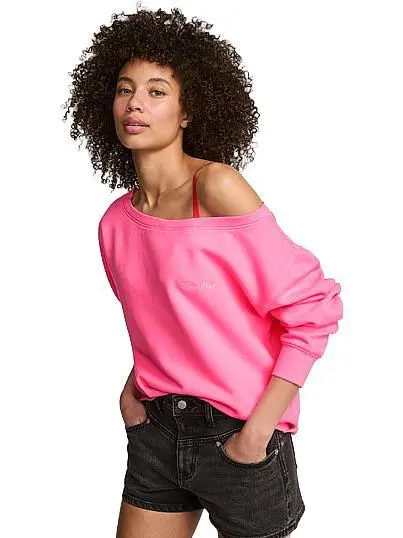 Pink Campus Fleece Rib Off-the-shoulder Sweatshirt - Pink