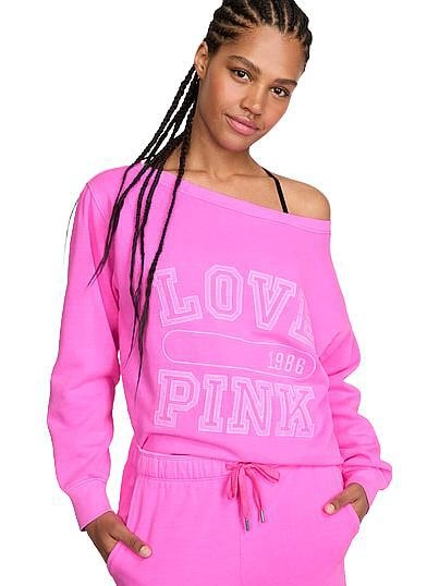 Pink Campus Fleece Rib Off-the-shoulder Sweatshirt - Pink