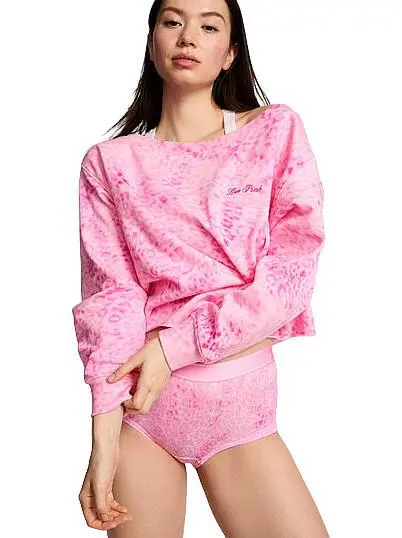 Pink Campus Fleece Rib Off-the-shoulder Sweatshirt - Print