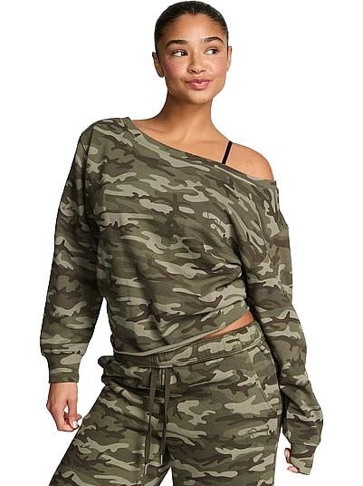 Pink Campus Fleece Rib Off-the-shoulder Sweatshirt - Print