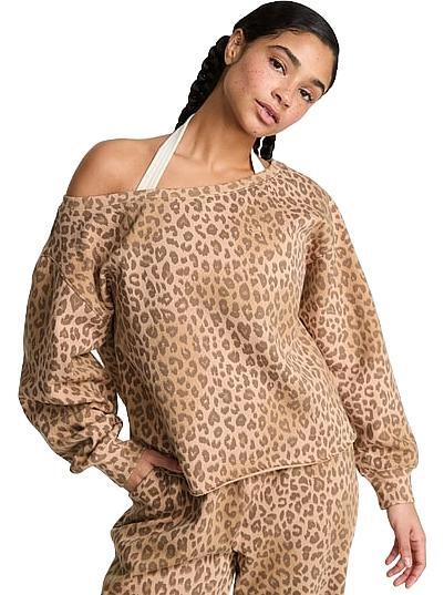 Pink Campus Fleece Rib Off-the-shoulder Sweatshirt - Print