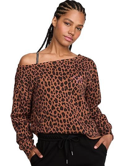 Pink Campus Fleece Rib Off-the-shoulder Sweatshirt - Print