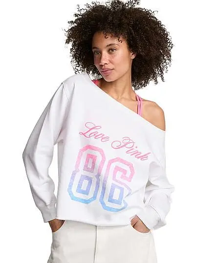 Pink Campus Fleece Rib Off-the-shoulder Sweatshirt - White,ivory