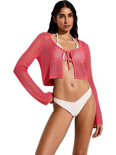 Victoria's Secret Crochet Tie-front Long-sleeve Top - Pink