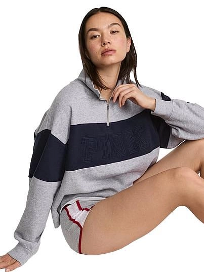Pink Campus Fleece Quarter-zip Sweatshirt - Grey
