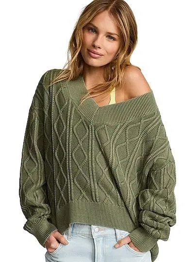 Pink Cable Knit V-neck Sweater - Green