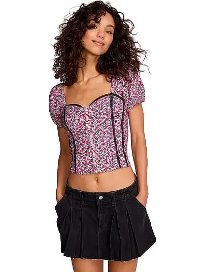 Pink Puff-sleeve Corset Top - Floral