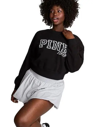 Pink Campus Fleece Shrunken Crew Sweatshirt - Black