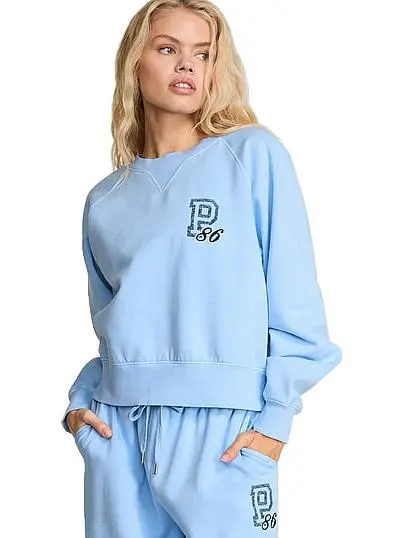 Pink Campus Fleece Shrunken Crew Sweatshirt - Blue