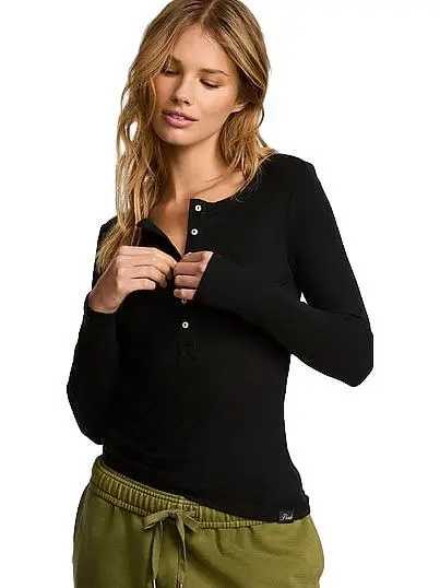 Pink Relaxed Ribbed Henley Long-sleeve Tee - Black