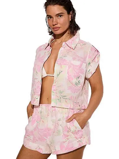 Victoria's Secret Swim Beachwear Linen Boxy Short-sleeve Top - Print
