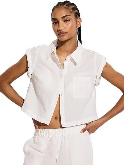 Victoria's Secret Swim Beachwear Linen Boxy Short-sleeve Top - White,ivory