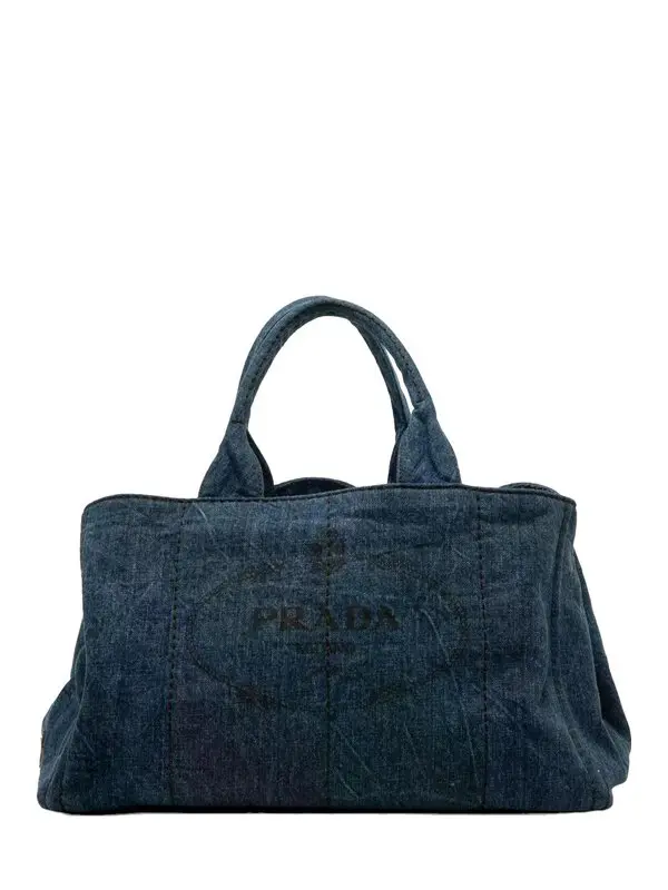 Prada 2013-2025 Large Denim Canapa Logo Satchel - Blue