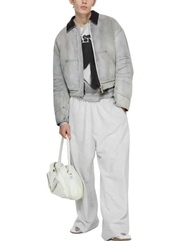 Acne Studios Faded Denim Bomber Jacket With Leather Collar - Grey