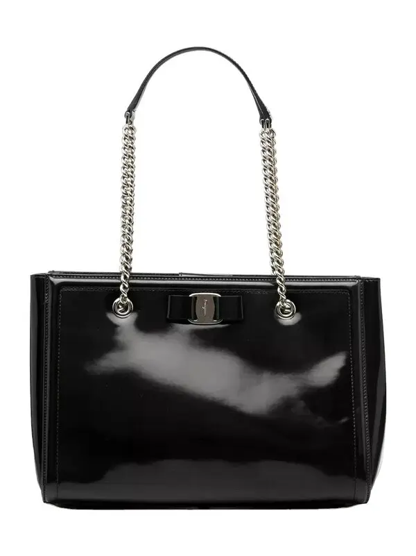 FERRAGAMO Smooth Calfskin Vara Bow Chain Tote Bag - Black