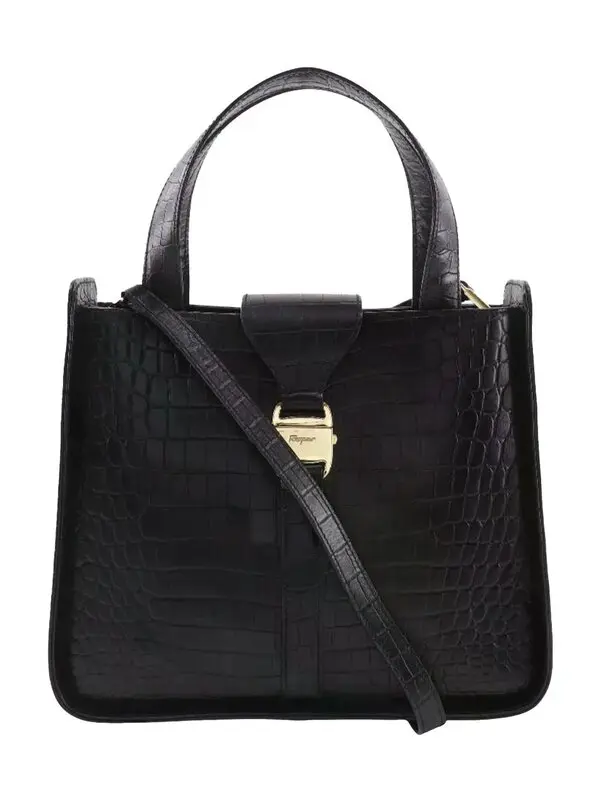 FERRAGAMO 1990-2025 Croc Embossed Leather Vara Bow Satchel - Black