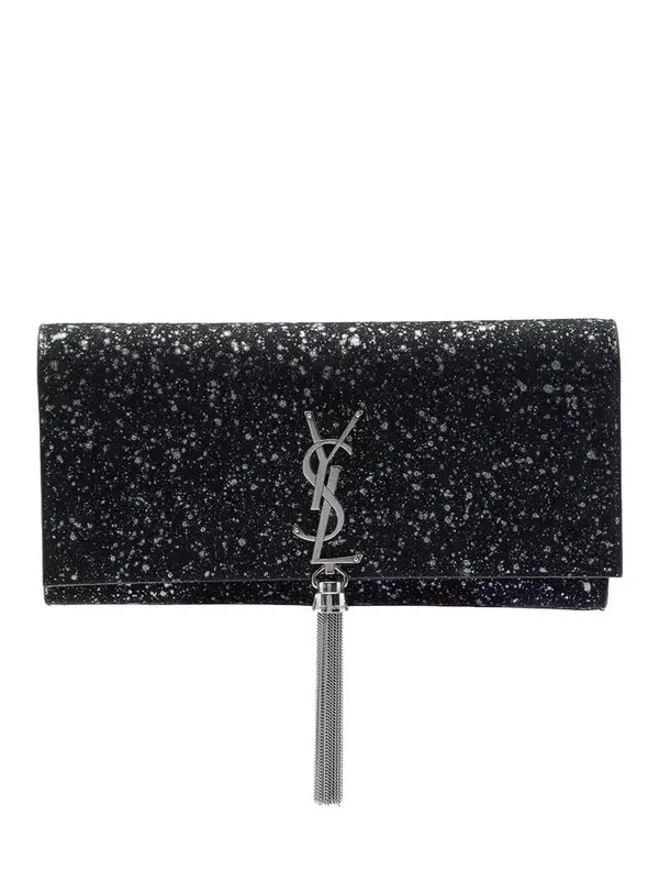 Saint Laurent 2016 Glittered Suede Monogram Kate Tassel Clutch - Black