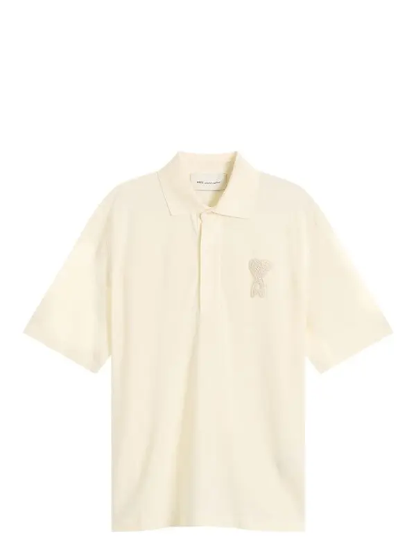 Ami Boxy Fit Polo With De Coeur Knitted Patch - Blanc Creme