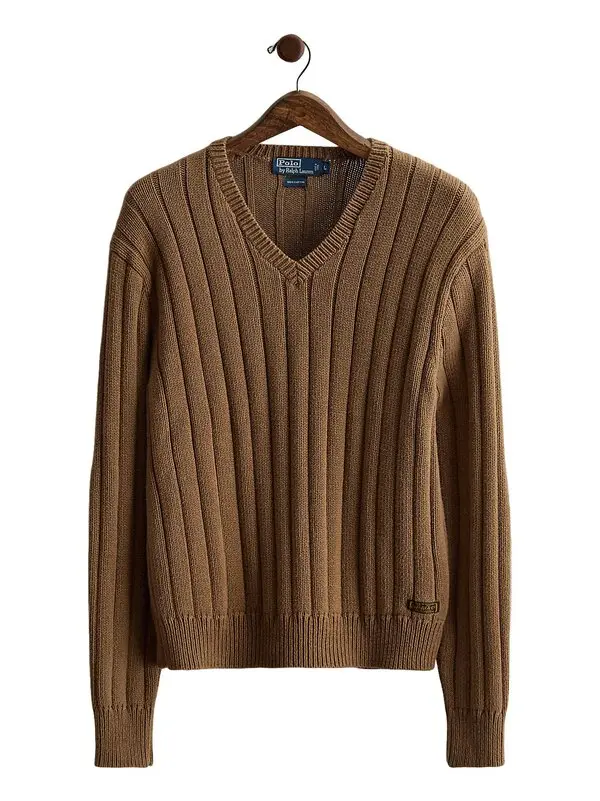 Ralph Lauren Textured Cotton V-neck Sweater - Tan
