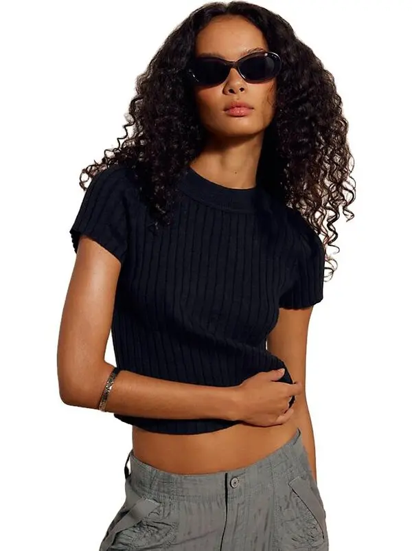 Free People Ribbed Cotton-linen Sweater Tee - Black