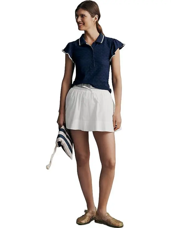 Maeve Flutter-sleeve Polo Top - Navy