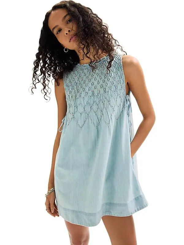 Free People Maisie Smocked Denim Mini Dress - Bleach Out Wash