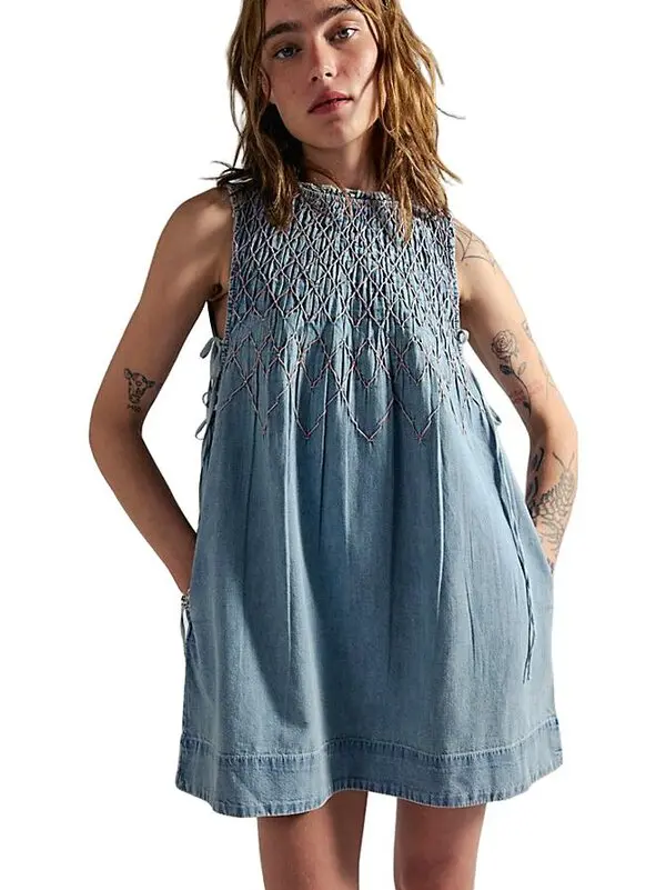 Free People Maisie Smocked Denim Mini Dress - Indigo Haze Wash