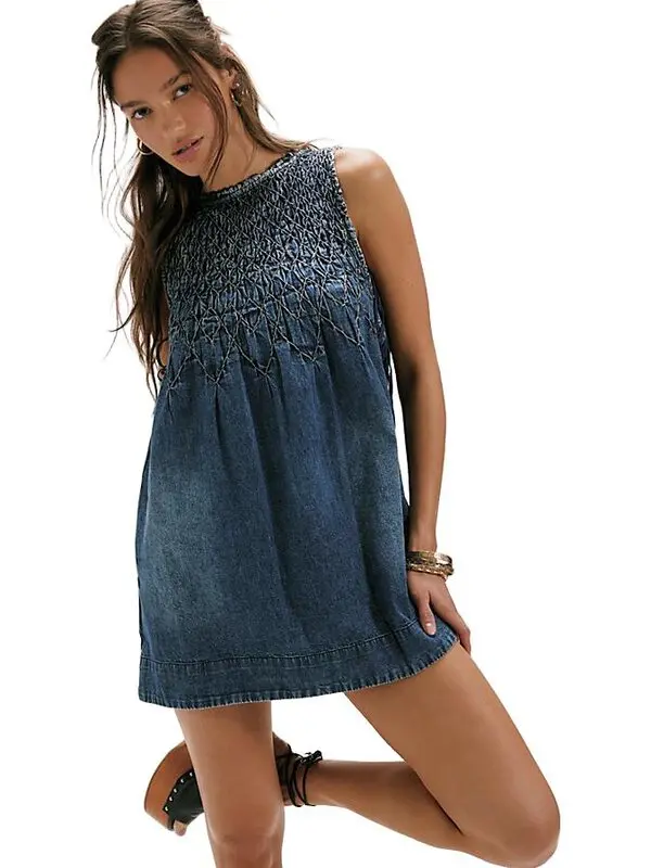 Free People Maisie Smocked Denim Mini Dress - True Blue Wash