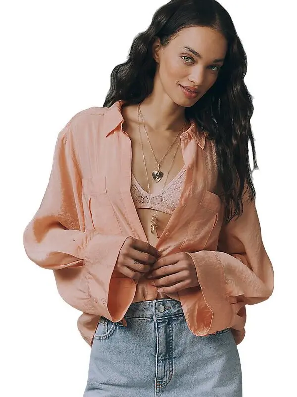 Anthropologie Wide-sleeve Buttondown Top - Peach Parafait