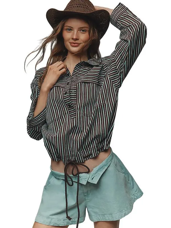 PILCRO Cotton Cinched Utility Top - Blue & Brown Stripe