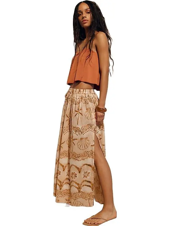SPELL Mermaid Cove Printed Midi Skirt - Tan