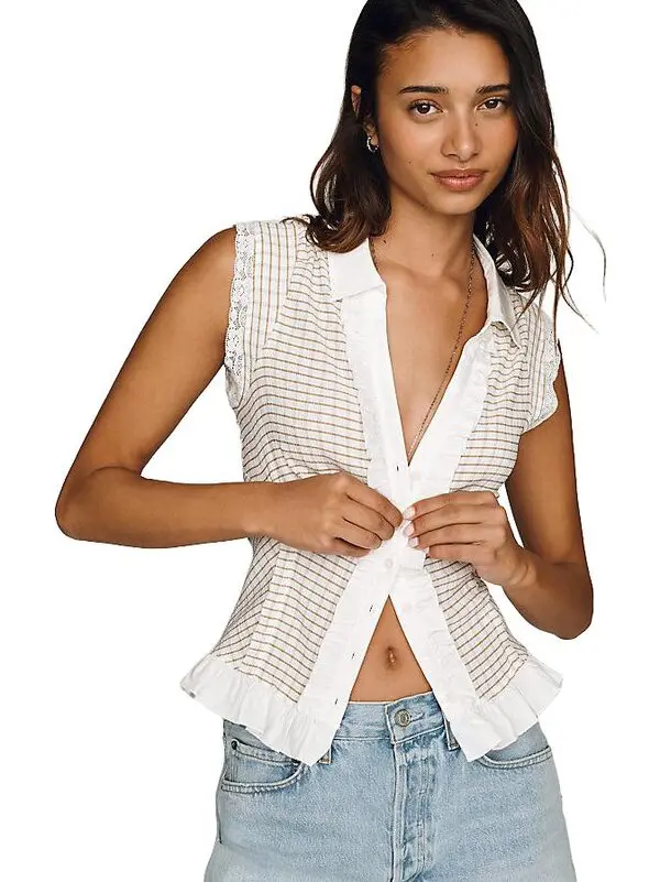 Anthropologie Slim Ruffled Sleeveless Buttondown Shirt - Khaki