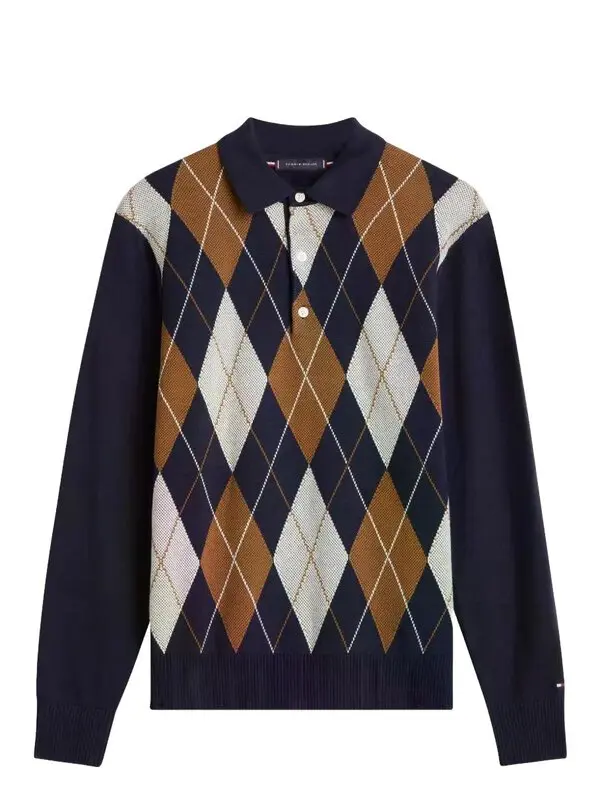 Tommy Hilfiger Argyle Pattern Long Sleeve Polo Shirt - Blue