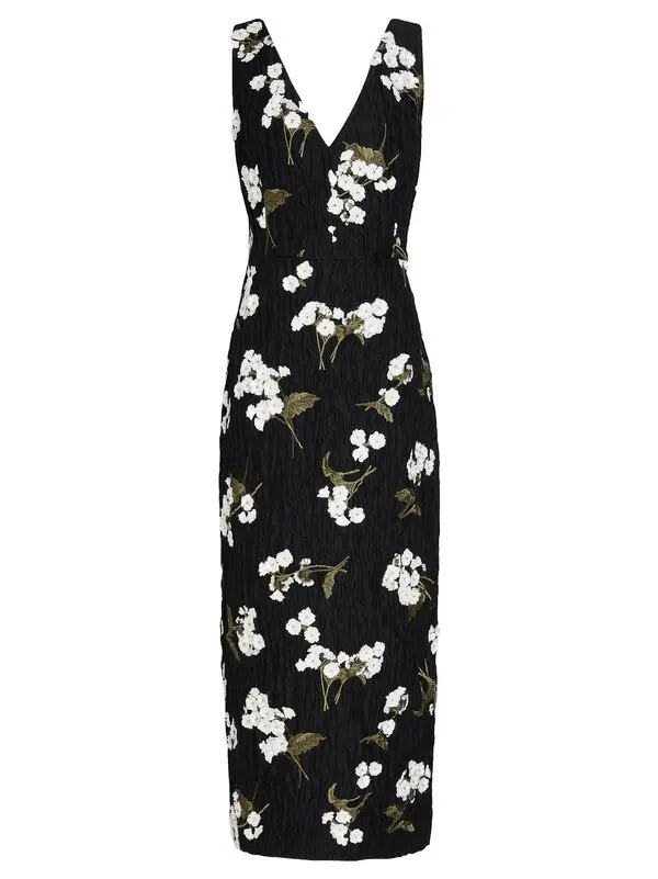 Erdem Floral-appliquéd Wool-blend Cloqué Midi Dress - Black