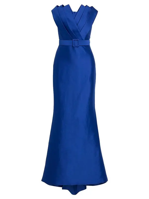 Badgley Mischka Strapless Belted Faille Gown - Royal Blue