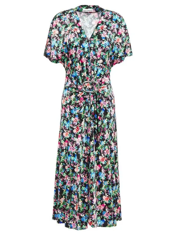 Rabanne Gathered Floral-print Stretch-jersey Midi Dress - Black