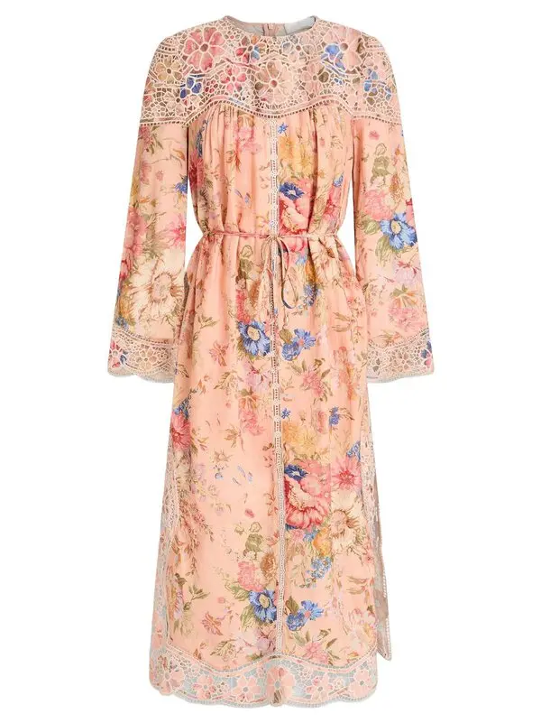 Zimmermann Floral-print Linen Midi Dress With Broderie Anglaise Trims - Peach