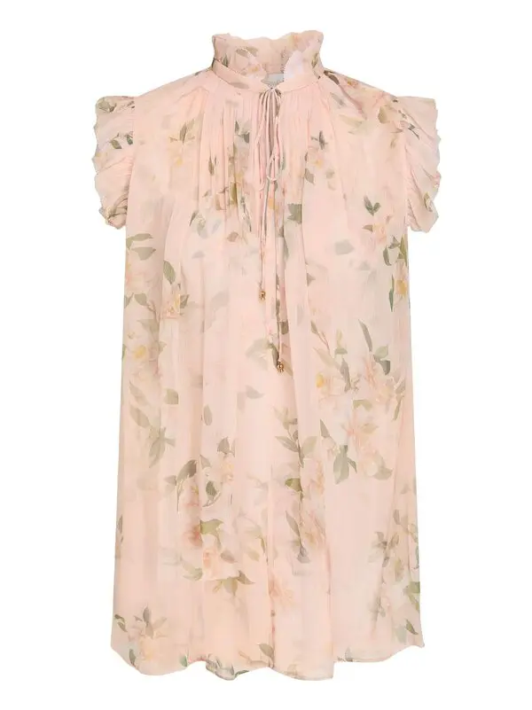 Zimmermann Floral-print Crepon Top With Ruffled Trims - Blush